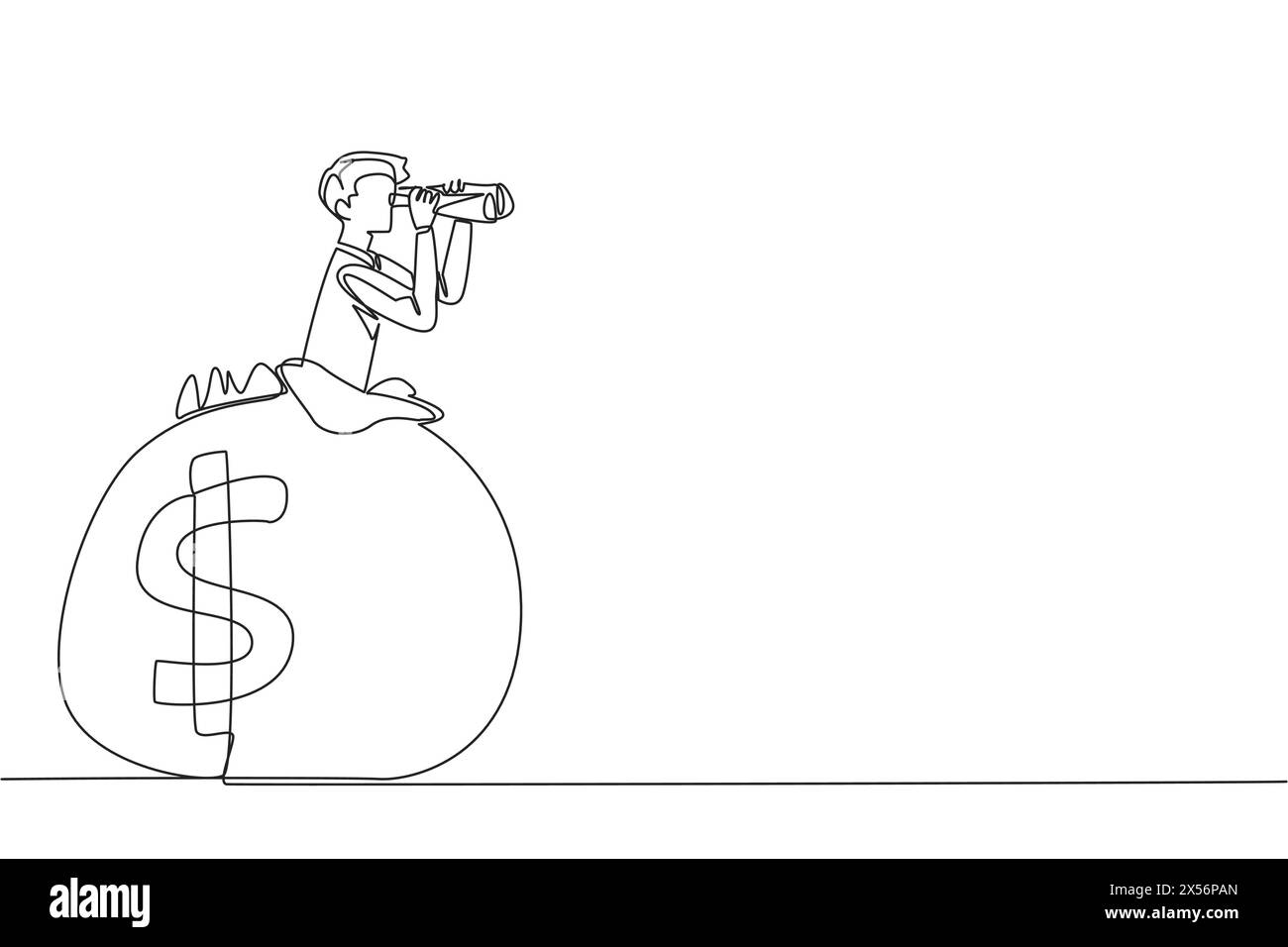 Single one line drawing businessman emerges from the money bag looking ...
