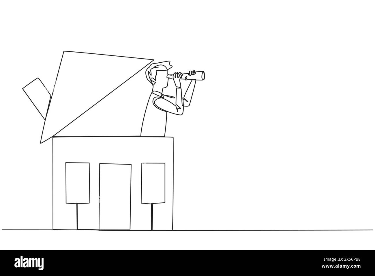Single one line drawing businessman appears out of miniature house look ... Single one line drawing businessman appears out of miniature house look ...