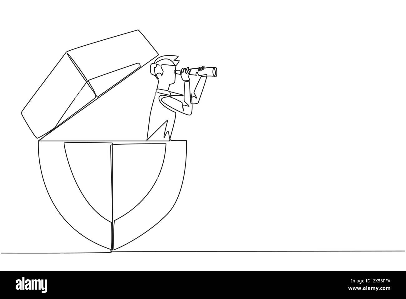 Single continuous line drawing businessman emerges from shield looks ...