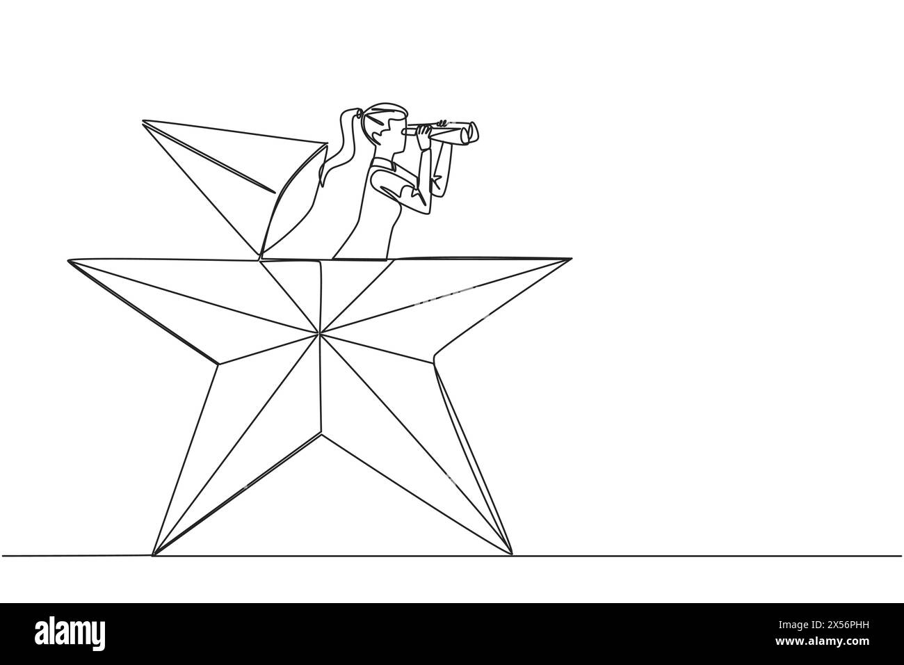 Single one line drawing businesswoman out of star shape looking for ...