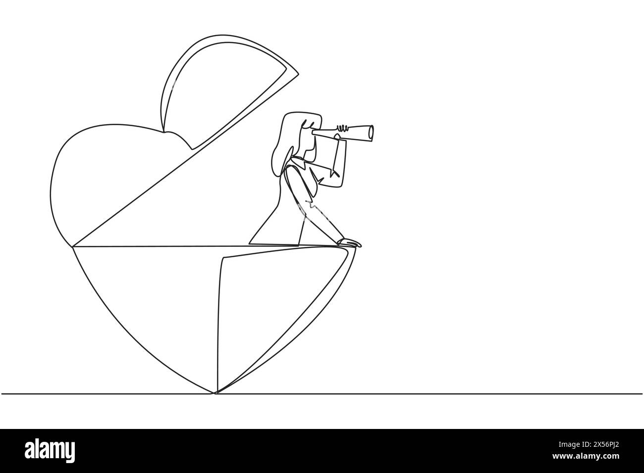 Continuous one line drawing businesswoman out of heart shape looks for ...