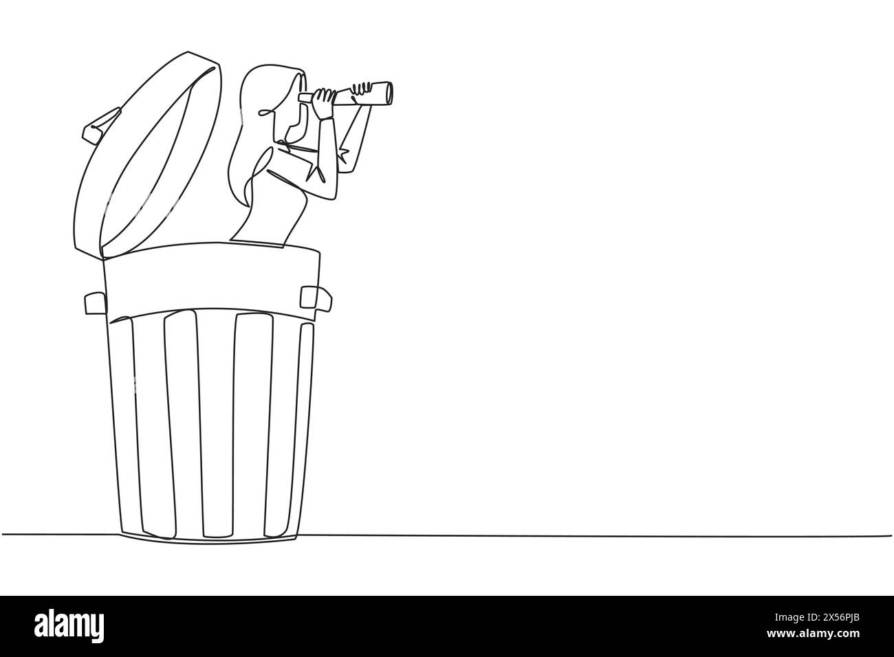 Continuous one line drawing businesswoman comes out of a trash can ...