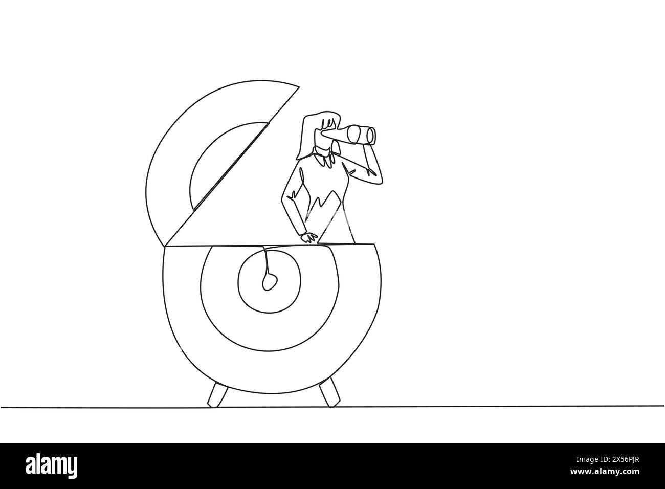 Continuous one line drawing businesswoman out of target arrow board ...