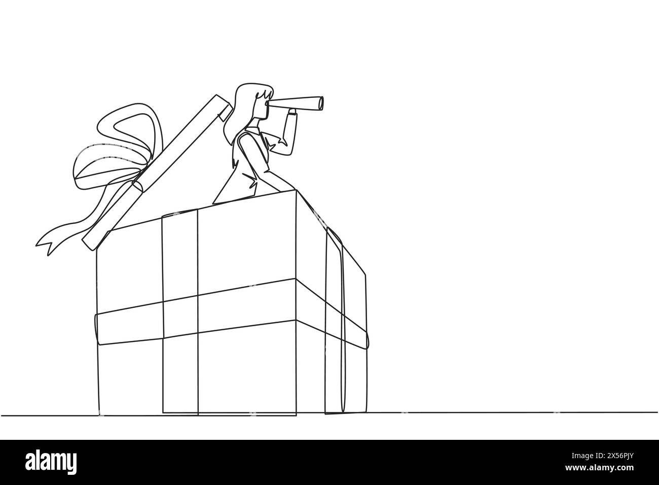 Single continuous line drawing businesswoman comes out of gift box ...
