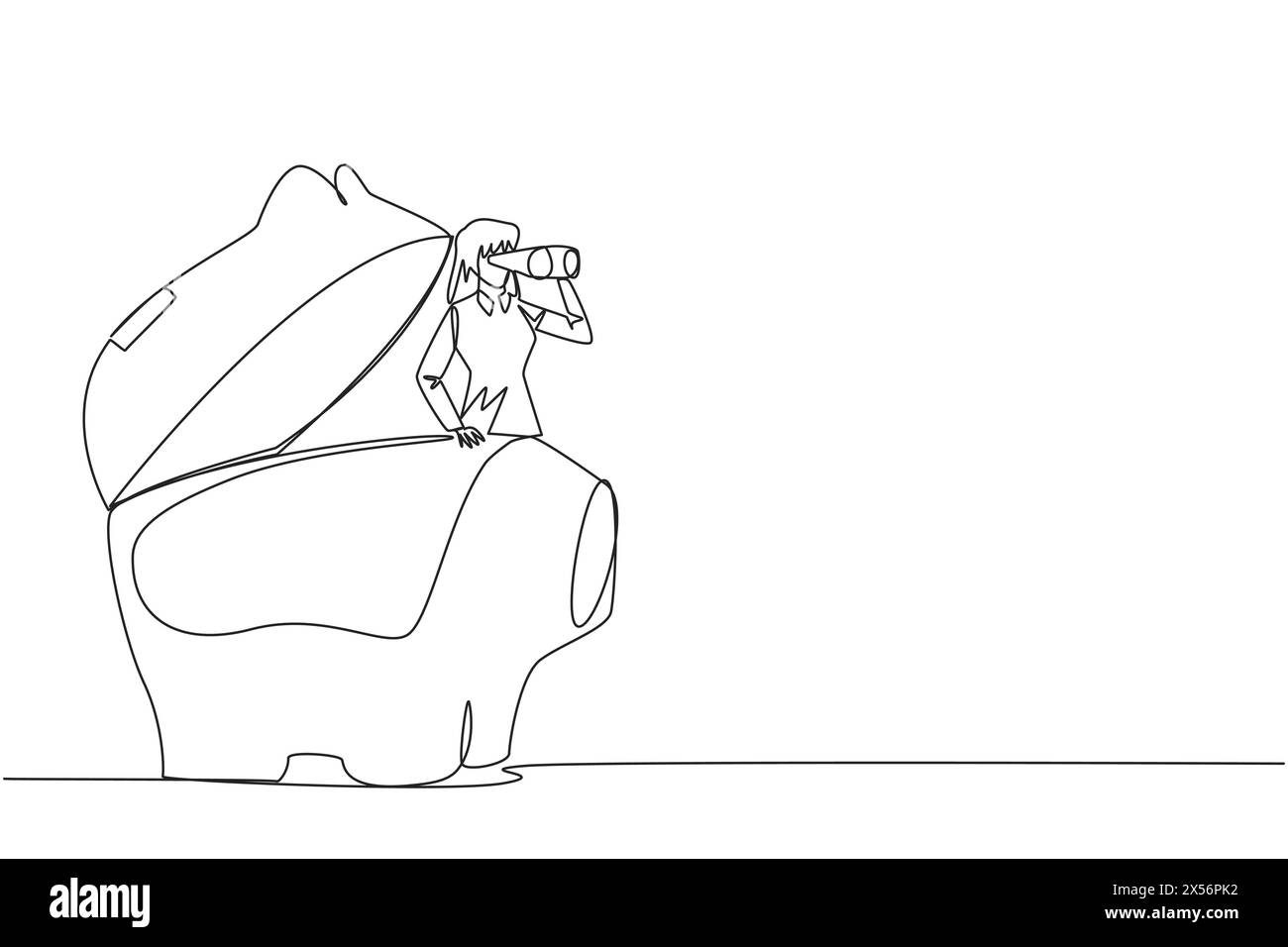 Single continuous line drawing businesswoman comes out of piggy bank ...