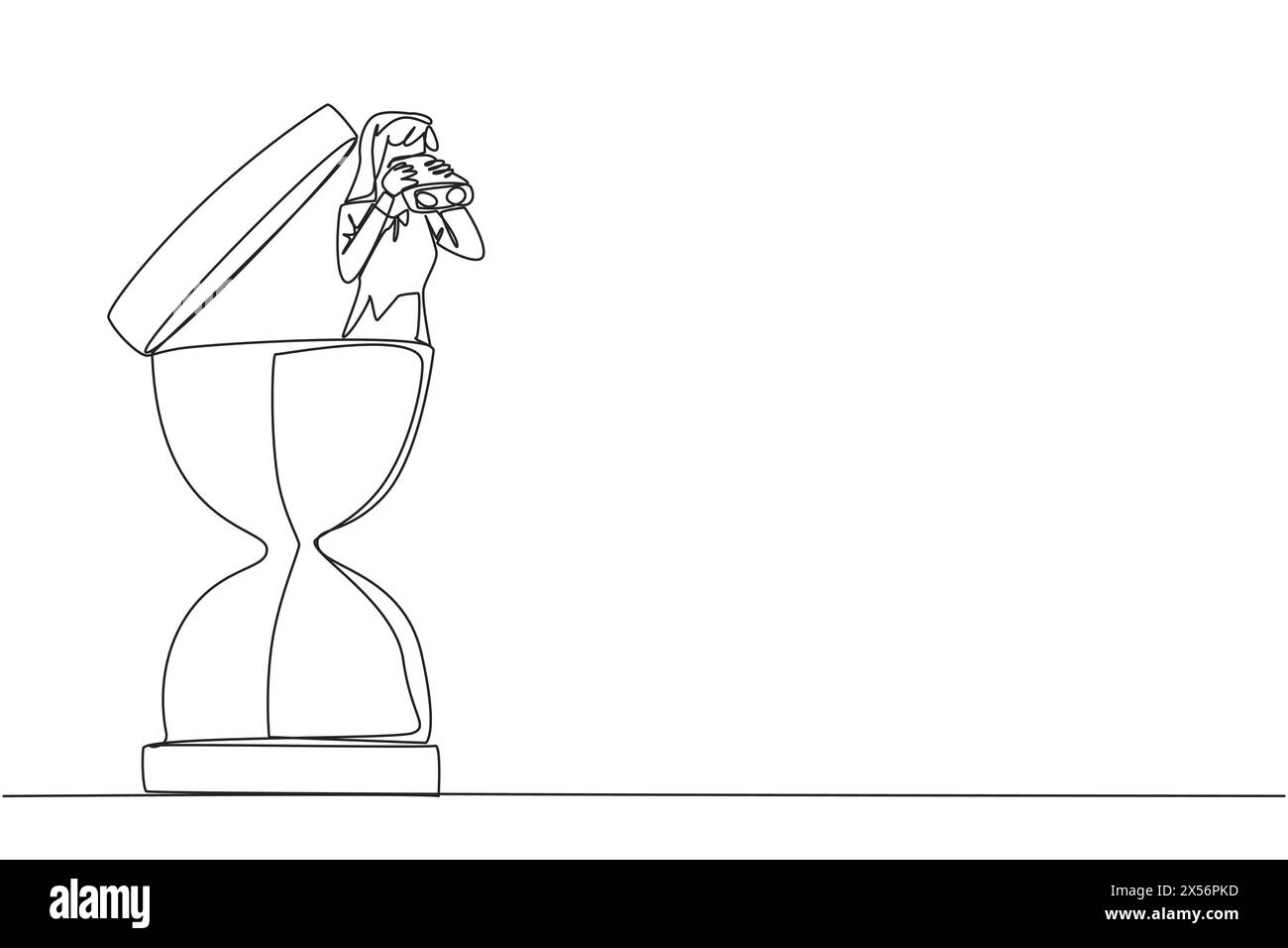 Single continuous line drawing businesswoman coming out of hourglass ...