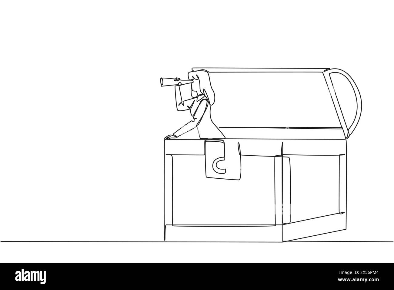 Single continuous line drawing businesswoman comes out of treasure ...