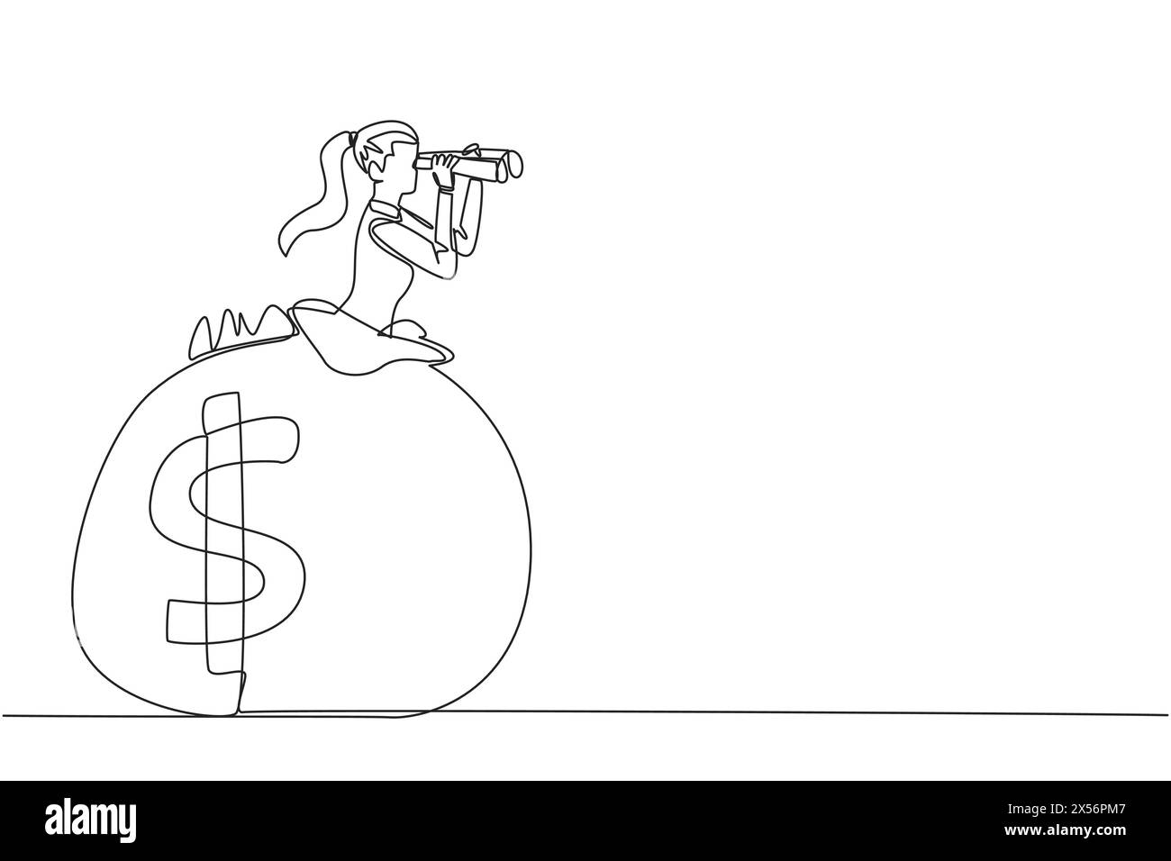 Single continuous line drawing businesswoman comes out of money bag ...