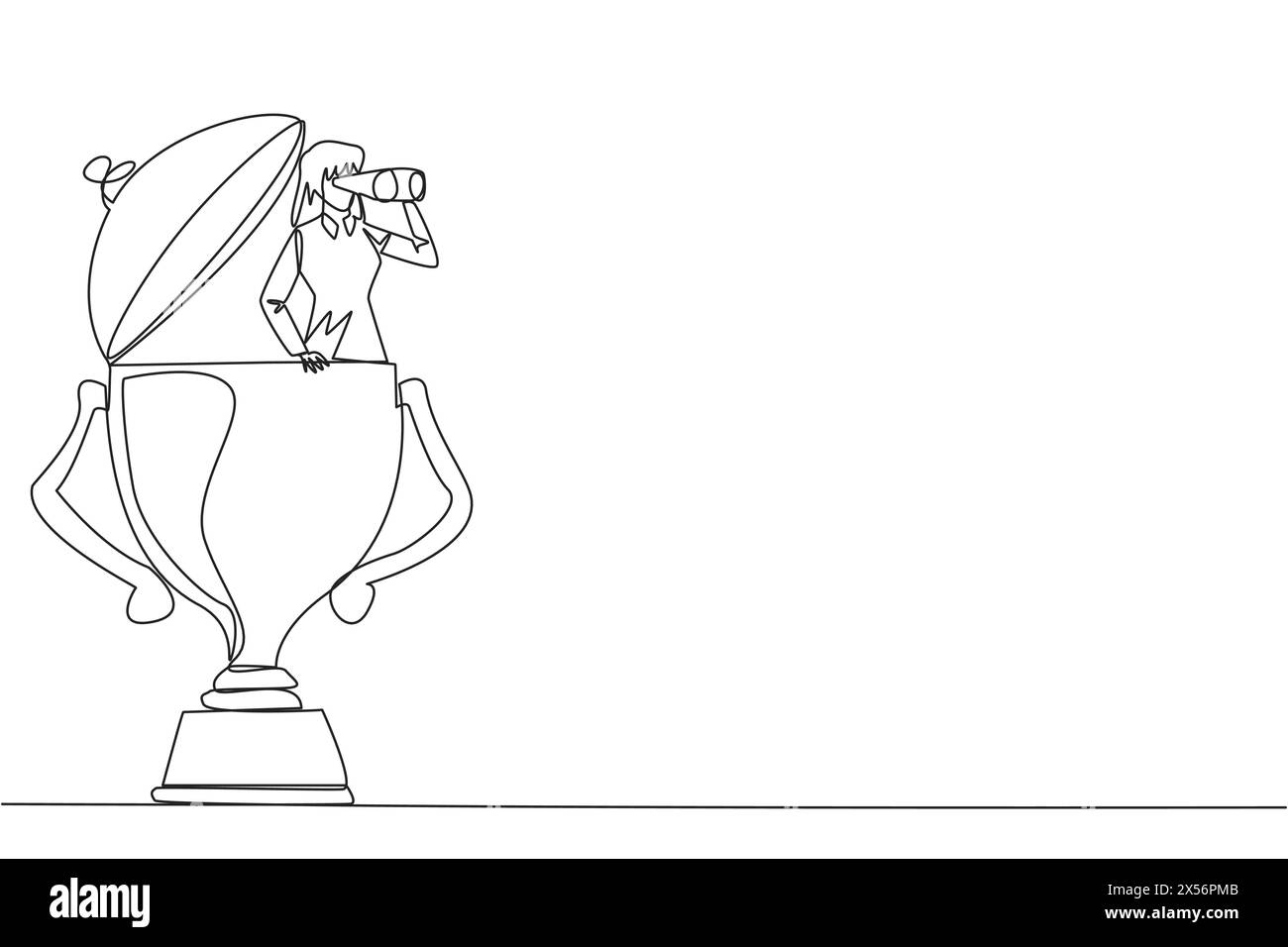 Single one line drawing businesswoman coming out of trophy looking for ...