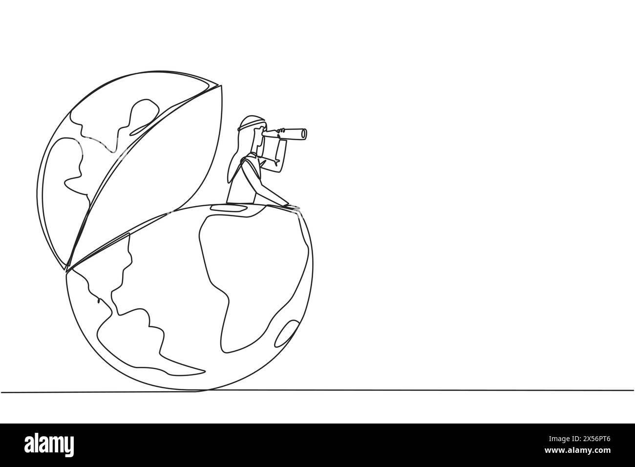 Single continuous line drawing Arab businessman pops out of globe ...