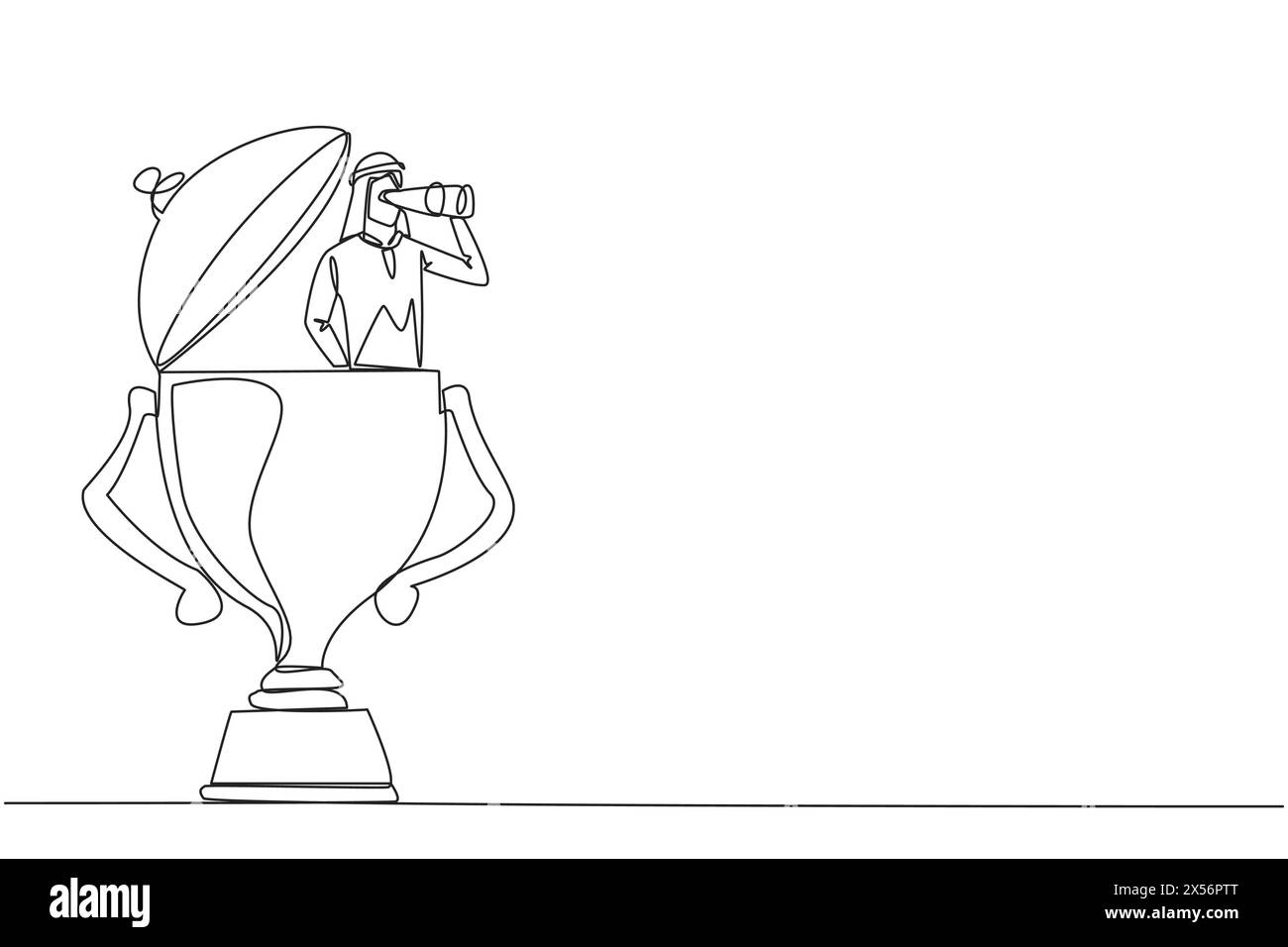 Continuous one line drawing Arabian businessman appears out of trophy ...