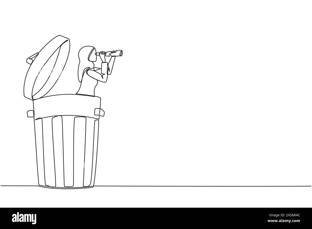 Single one line drawing Arab businesswoman emerges from trash bin look ...