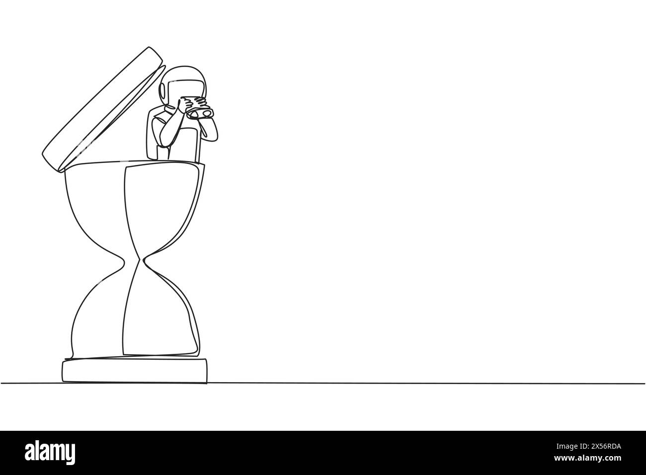 Continuous one line drawing astronaut emerges from hourglass looking ...