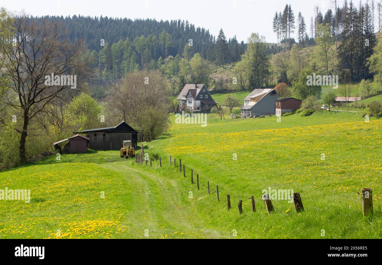 countryside landscape near winterberg in german sauerland with houses ...