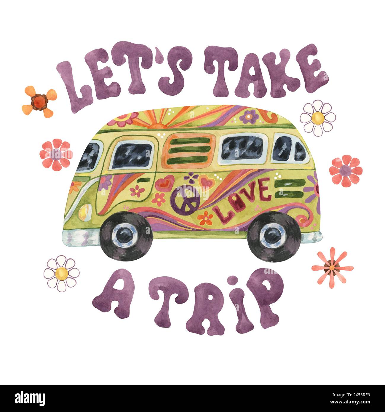 Trippy mushrooms, groovy hippie camper van and let's take a trip slogan ...
