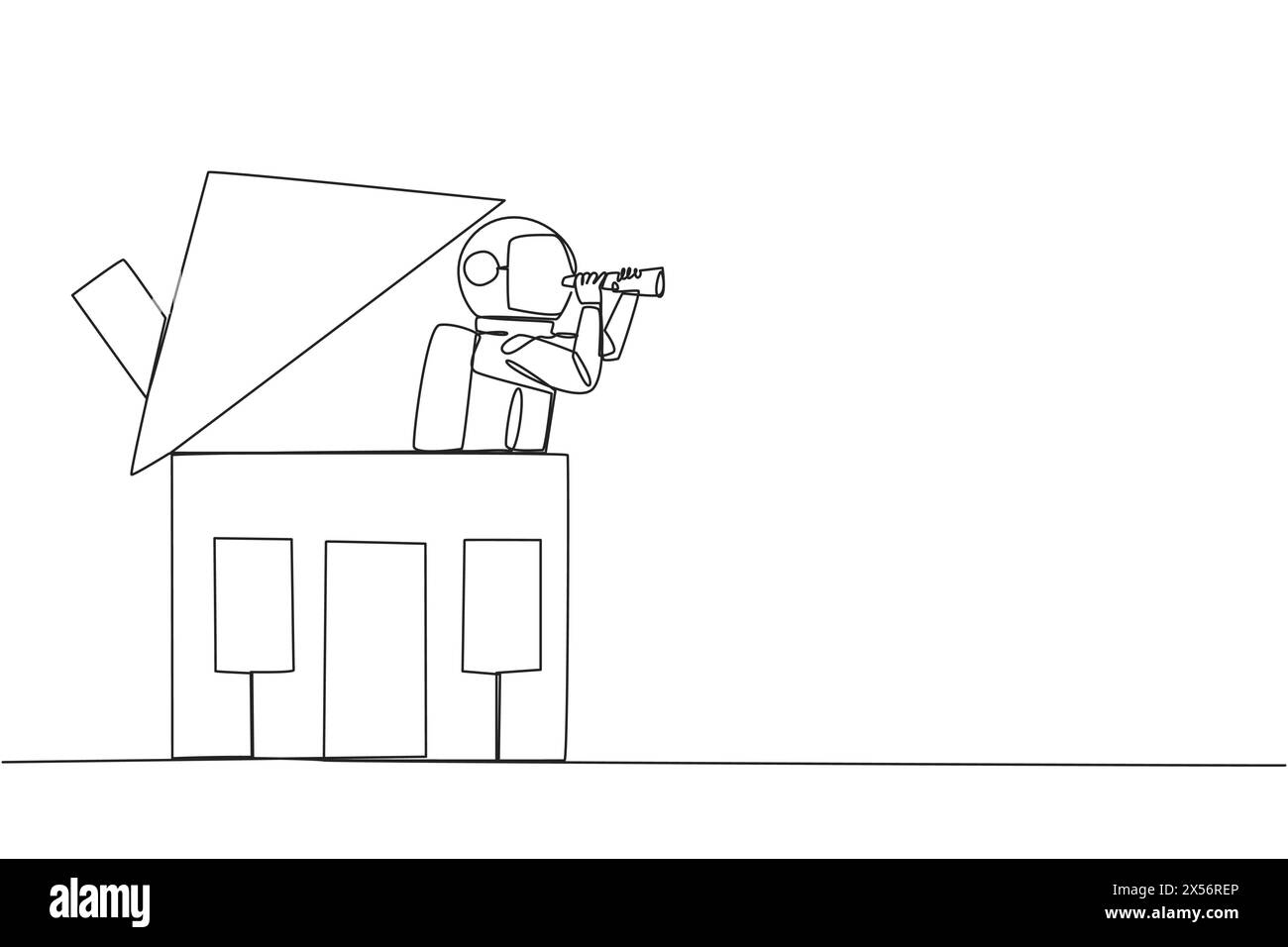 Single one line drawing young astronaut emerges from the miniature ...