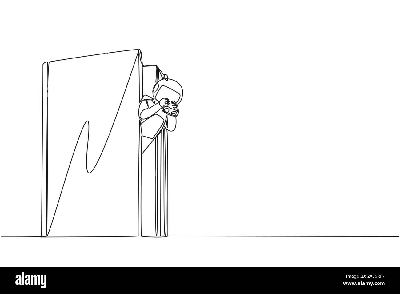 Single continuous line drawing astronaut emerges from old book looking ...