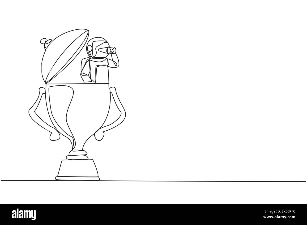 Single one line drawing astronaut emerges from trophy looking for ...
