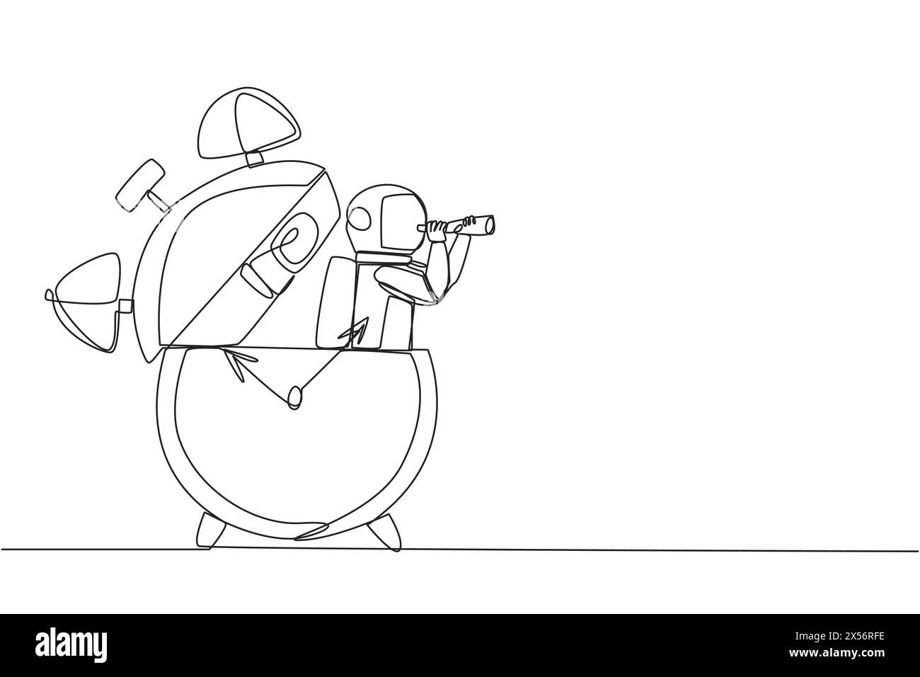 Continuous one line drawing astronaut emerges from alarm clock looking ...