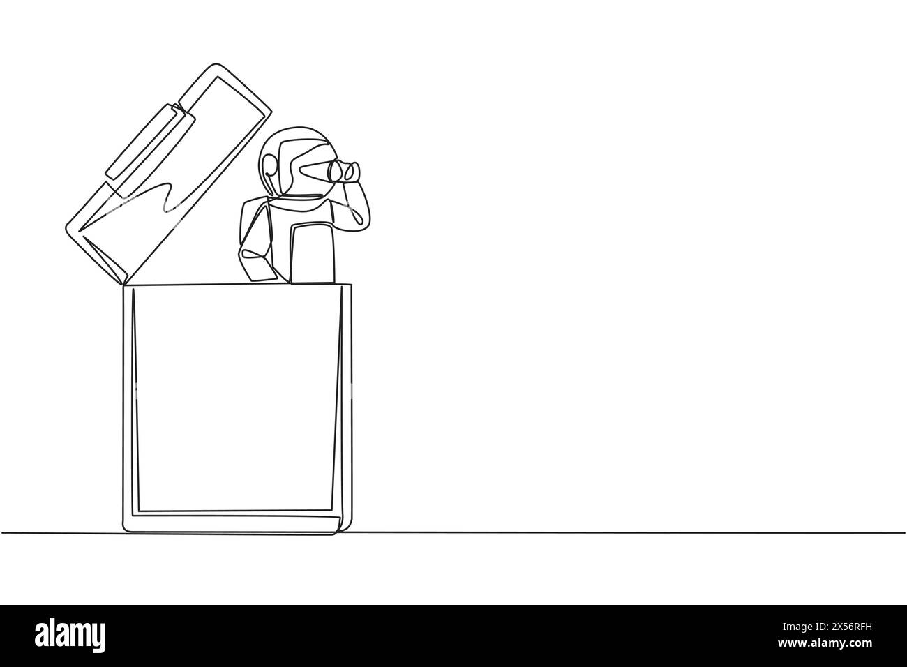 Single continuous line drawing astronaut emerges from clipboard looking ...
