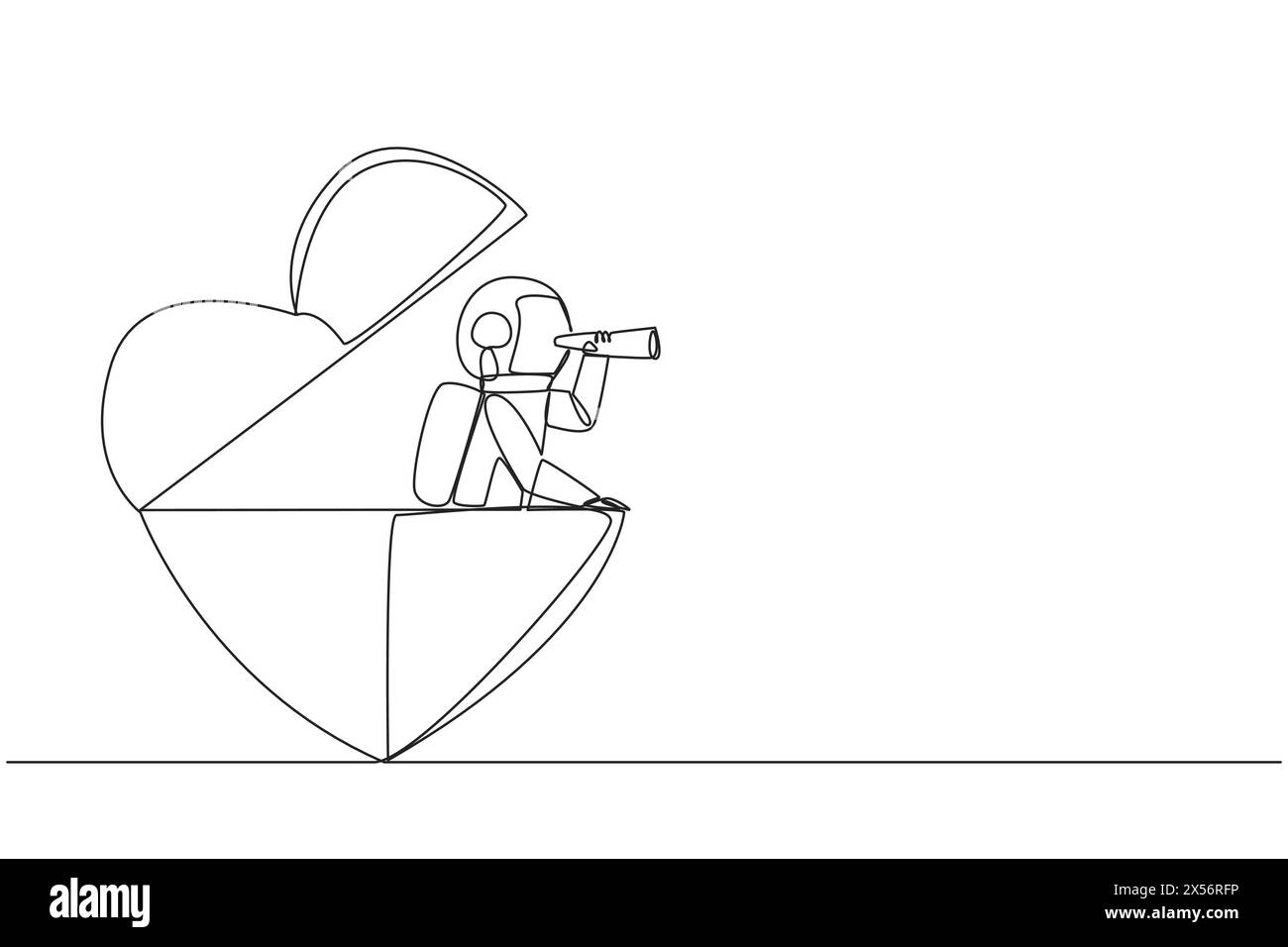Single continuous line drawing astronaut emerges from heart shape look ...