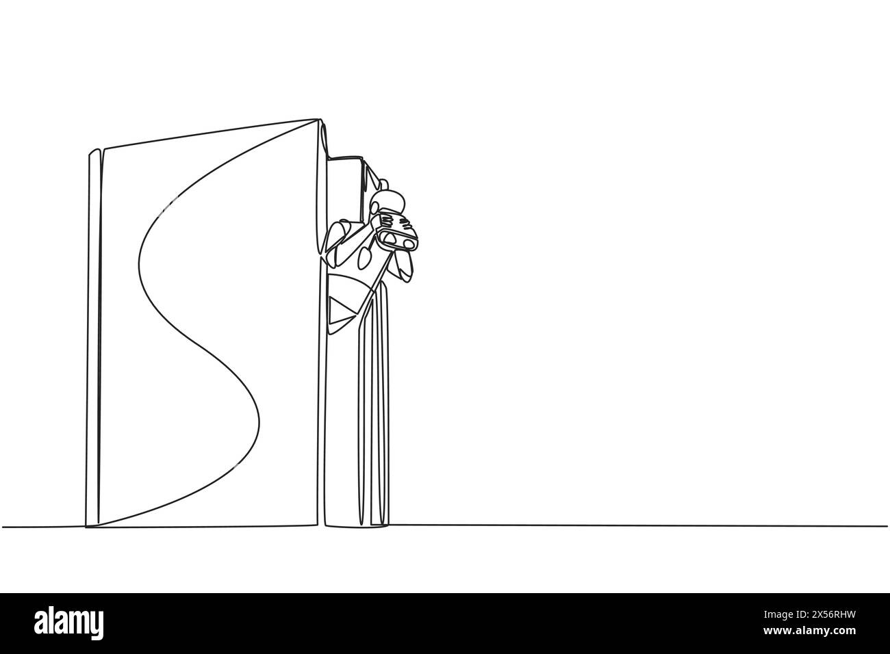 Single one line drawing a smart robot emerges from an old book looking ...