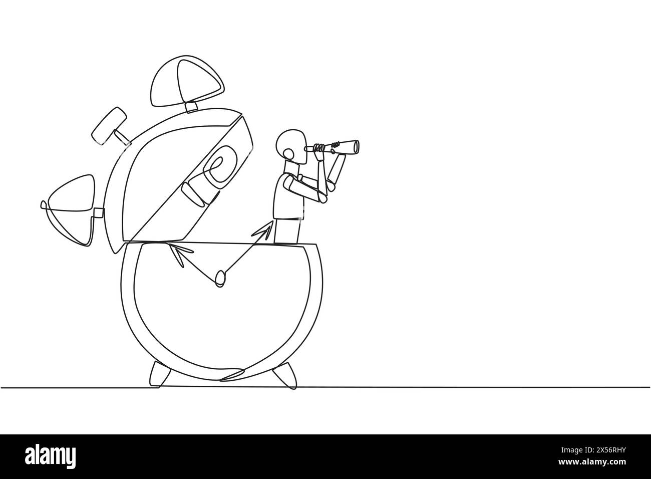 Single continuous line drawing smart robot appears from the alarm clock ...