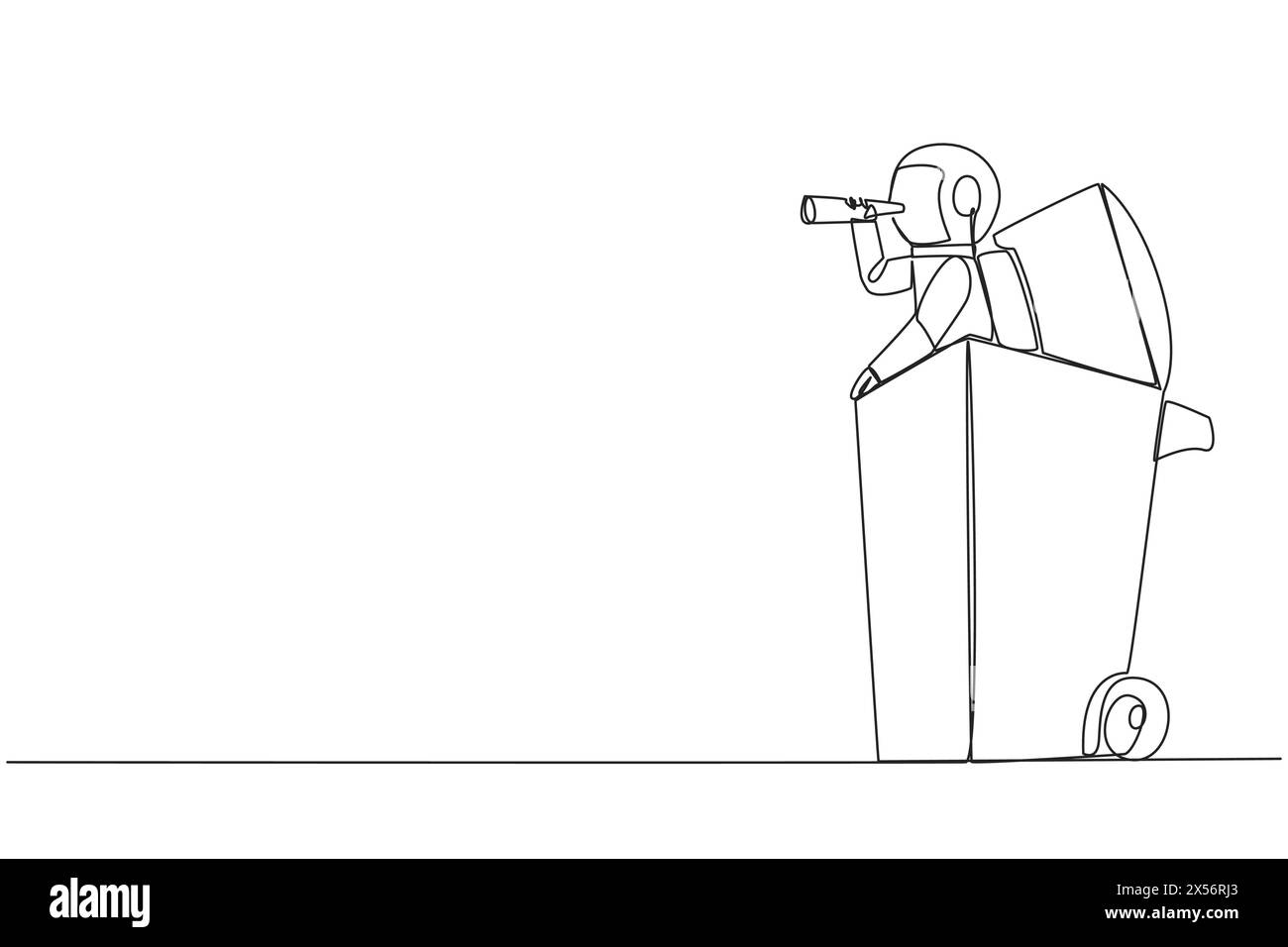 Single one line drawing astronaut emerges from wheeled bin looking for ...