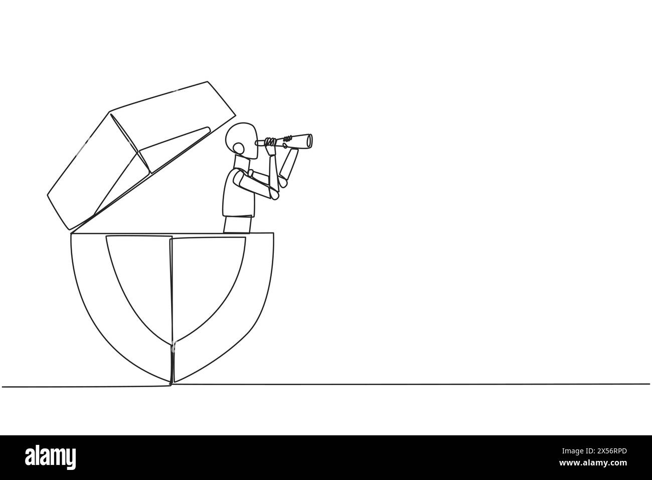Single one line drawing a smart robot emerges from the shield looking ...