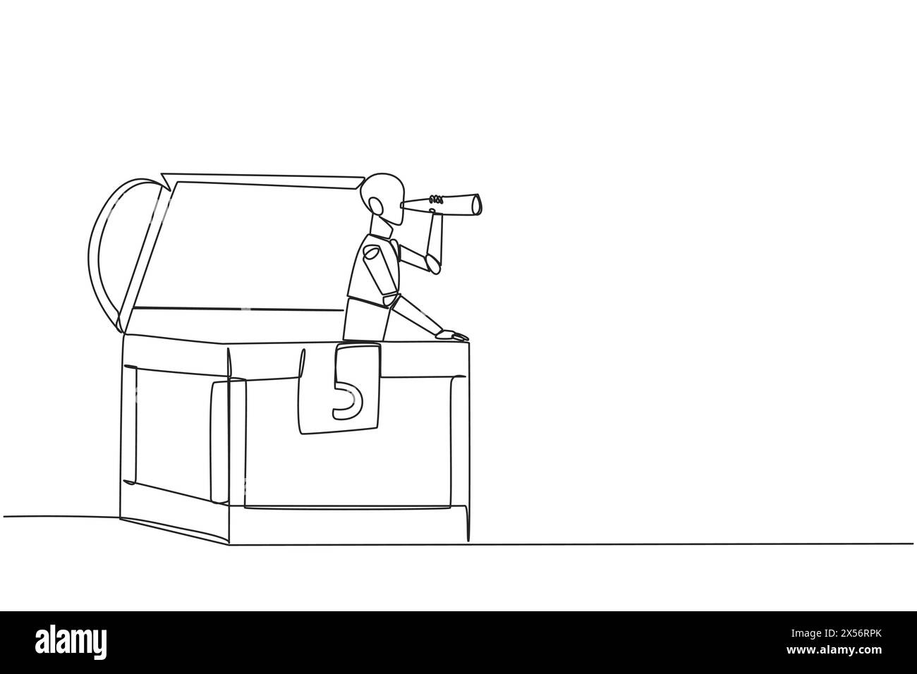 Single continuous line drawing a smart robot emerges from the treasure ...