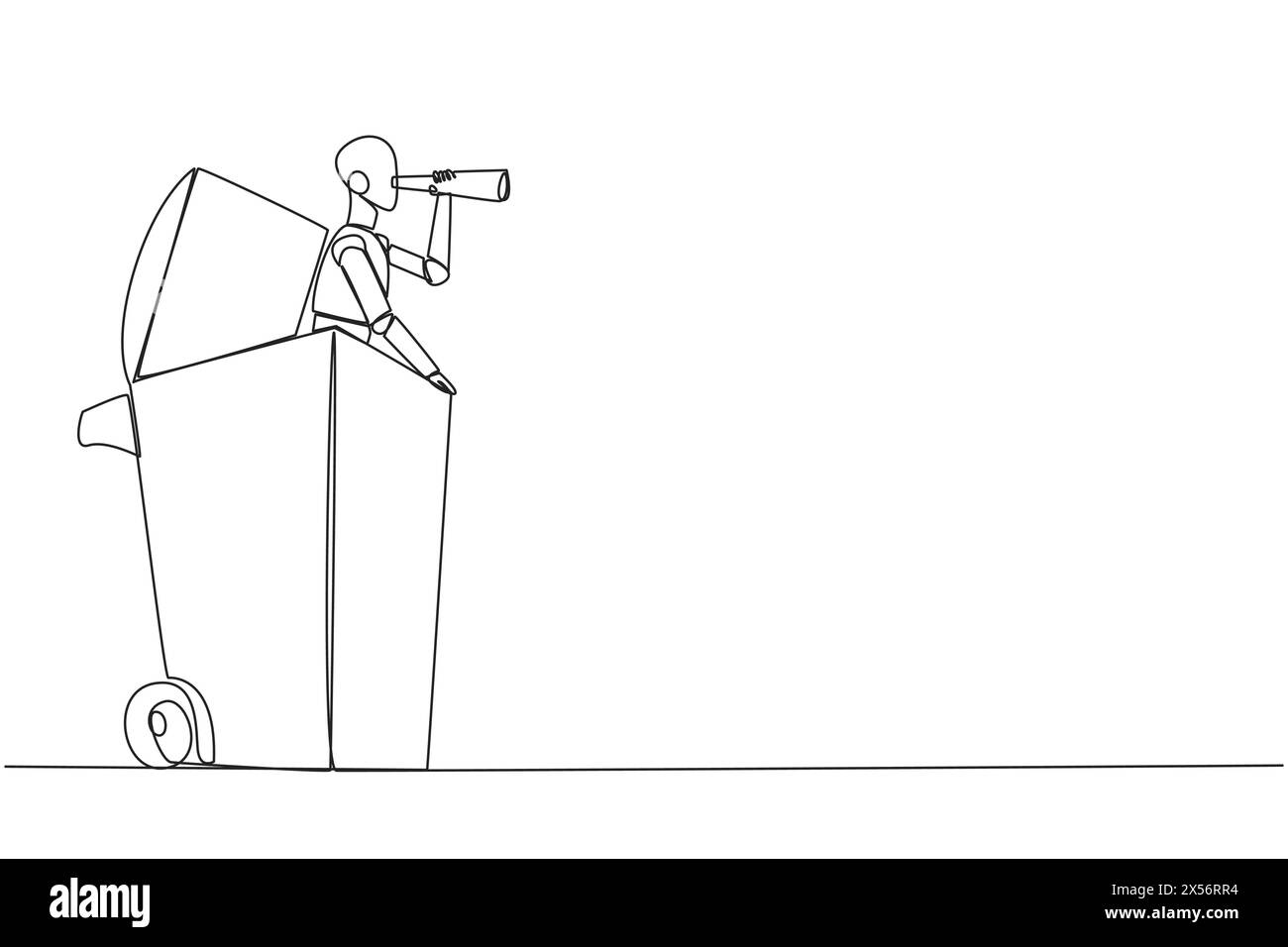Continuous one line drawing a smart robot emerges from a wheeled bin ...