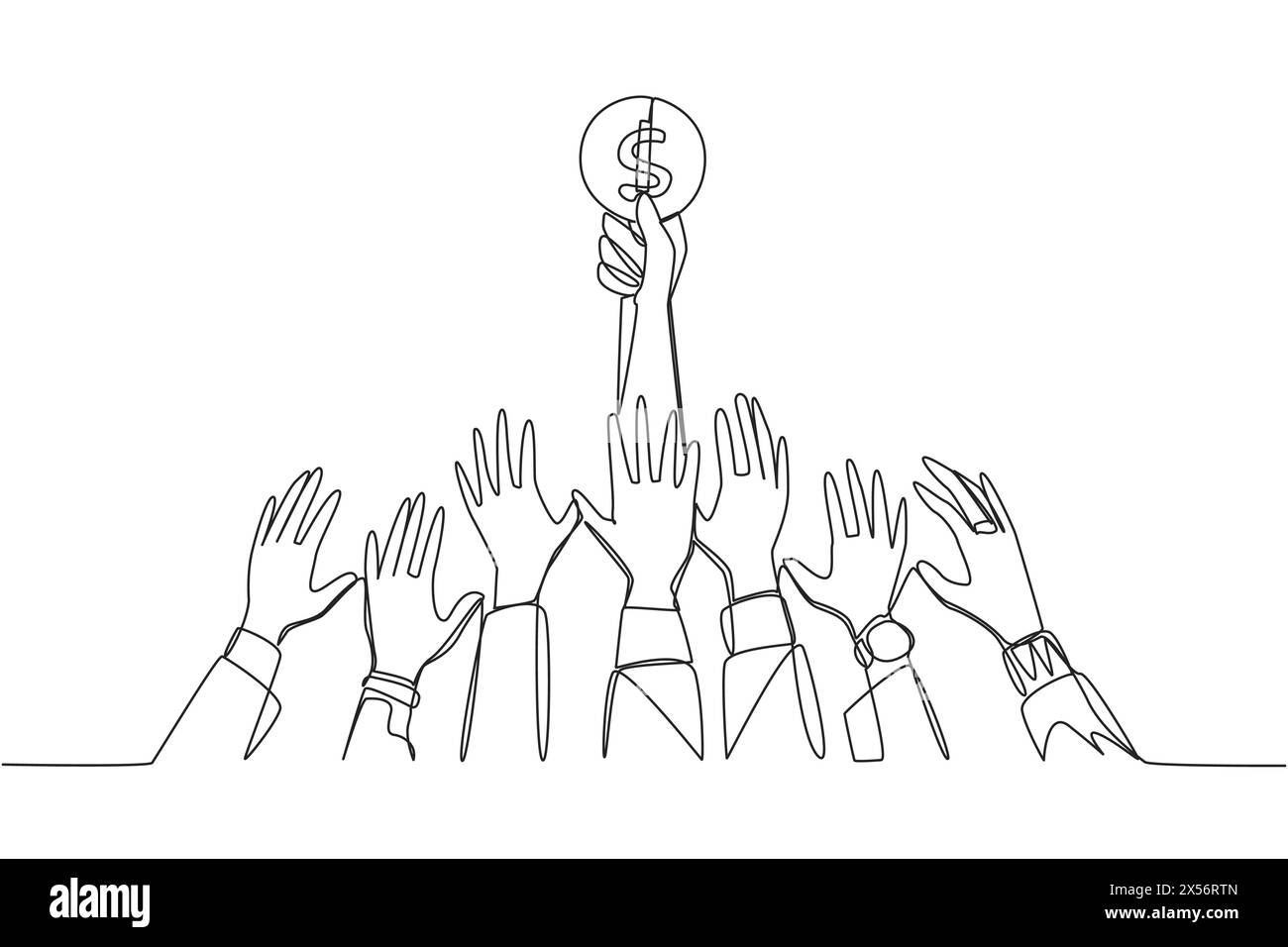 Single one line drawing hands fighting over coins with dollar symbols ...