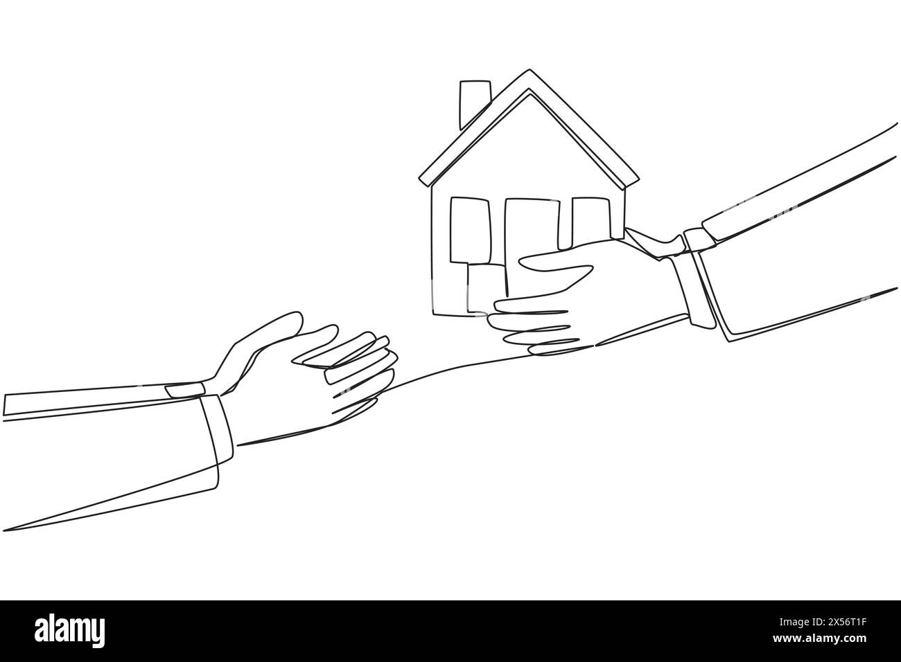 Single one line drawing hand gives miniature house. Make home as a ...