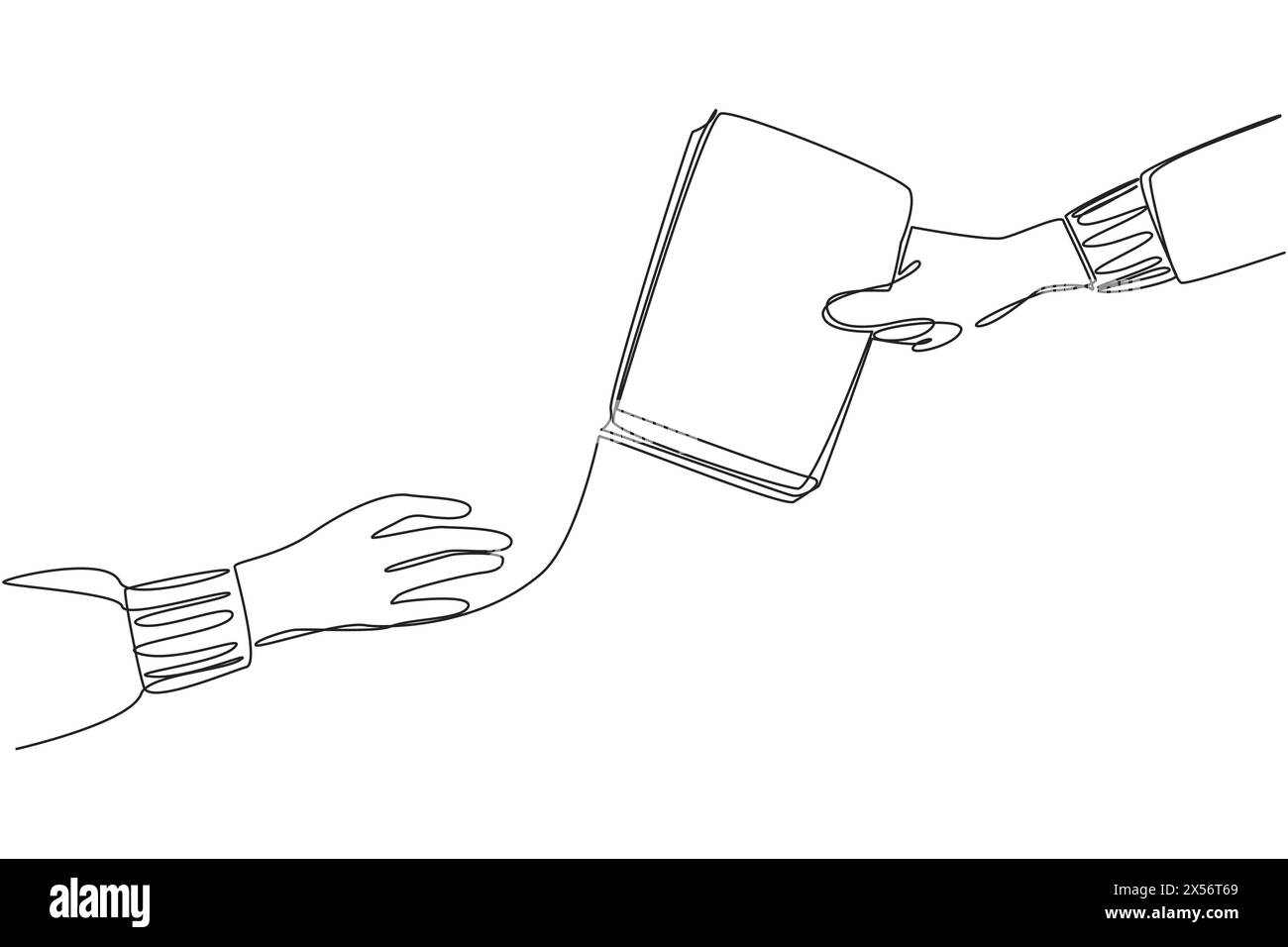 Single continuous line drawing a hand gives a book to its partner. Lend ...