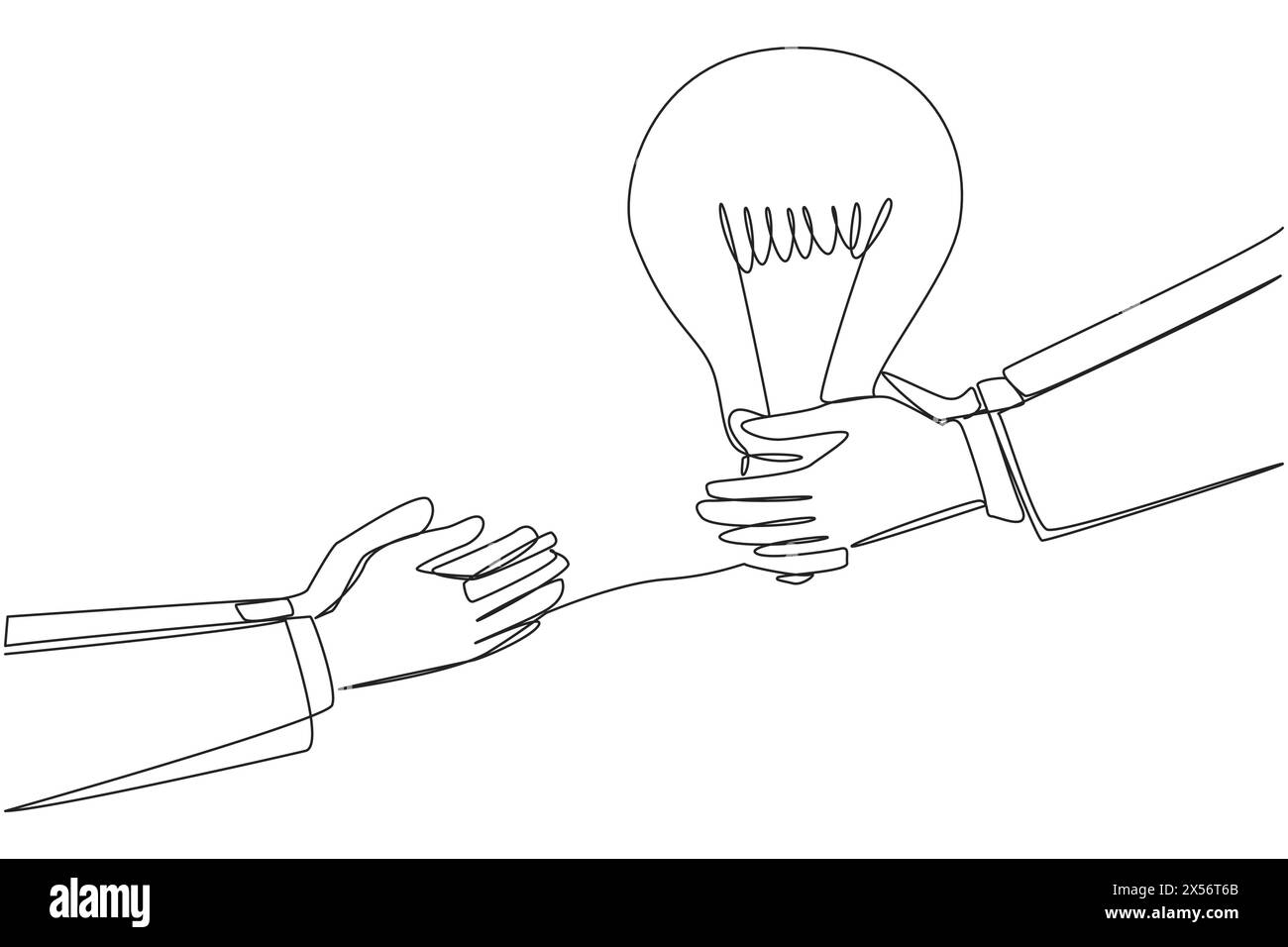 Continuous one line drawing hand giving lightbulb to colleague ...