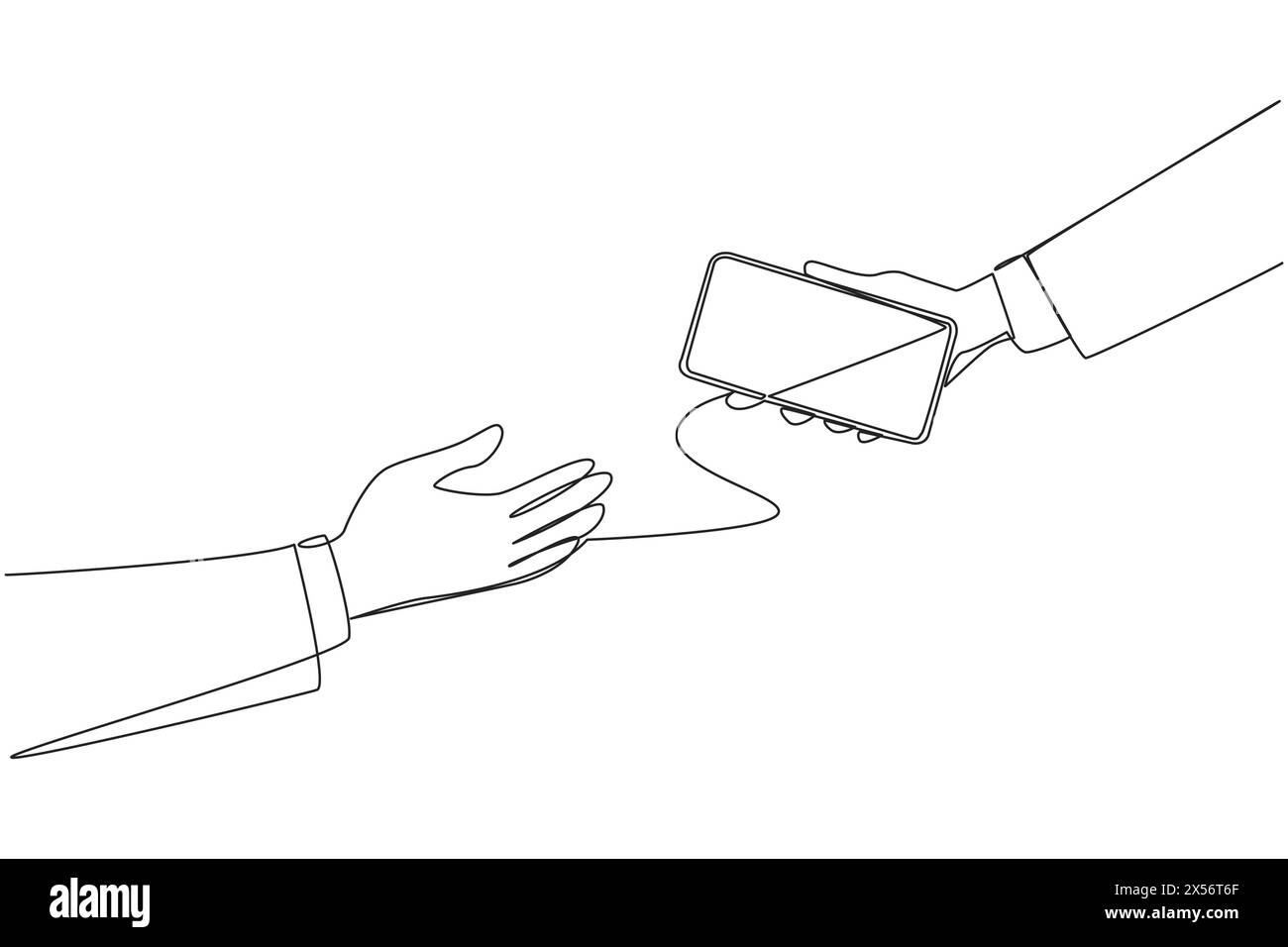 Continuous one line drawing a businesswoman's hand gives a handphone to ...