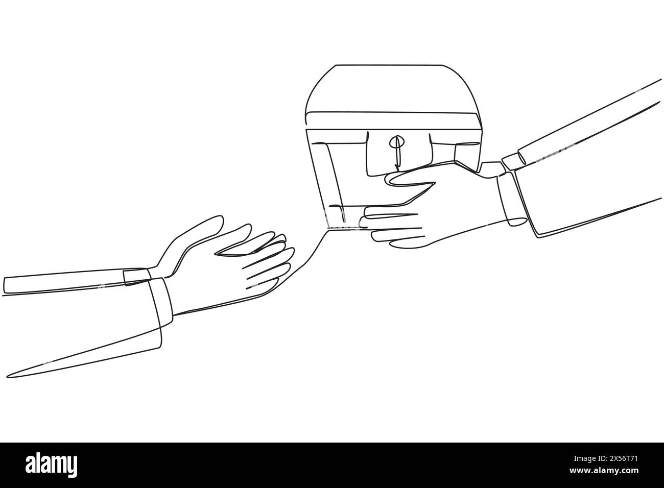 Single one line drawing hand gives treasure chest to colleague. High ...