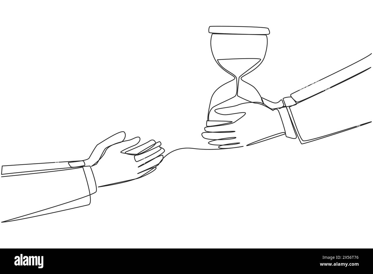 Single one line drawing a hand gives hourglass to colleague. The ...