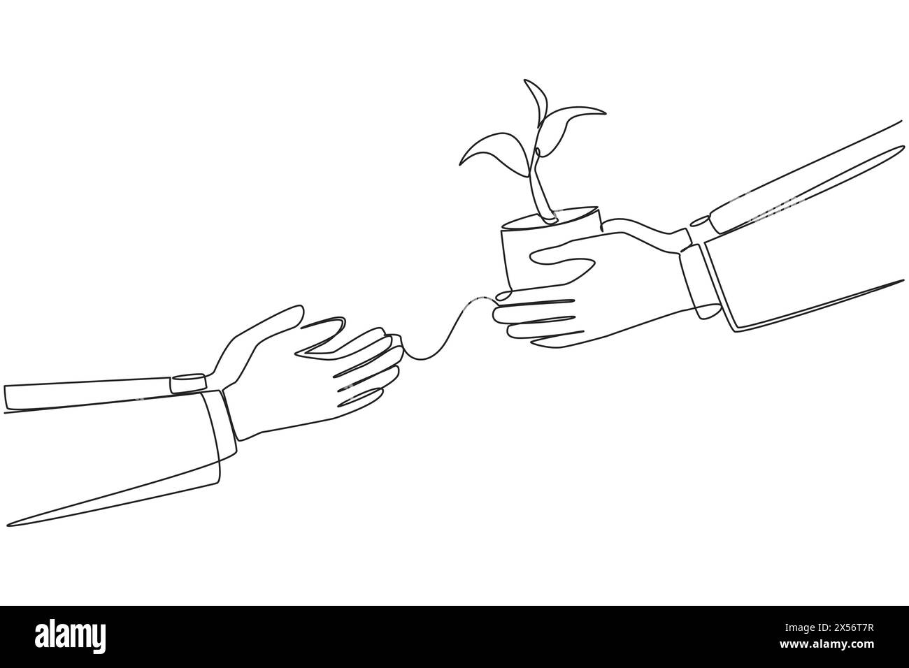 Single one line drawing businessman's hand gives a plant shoot to ...