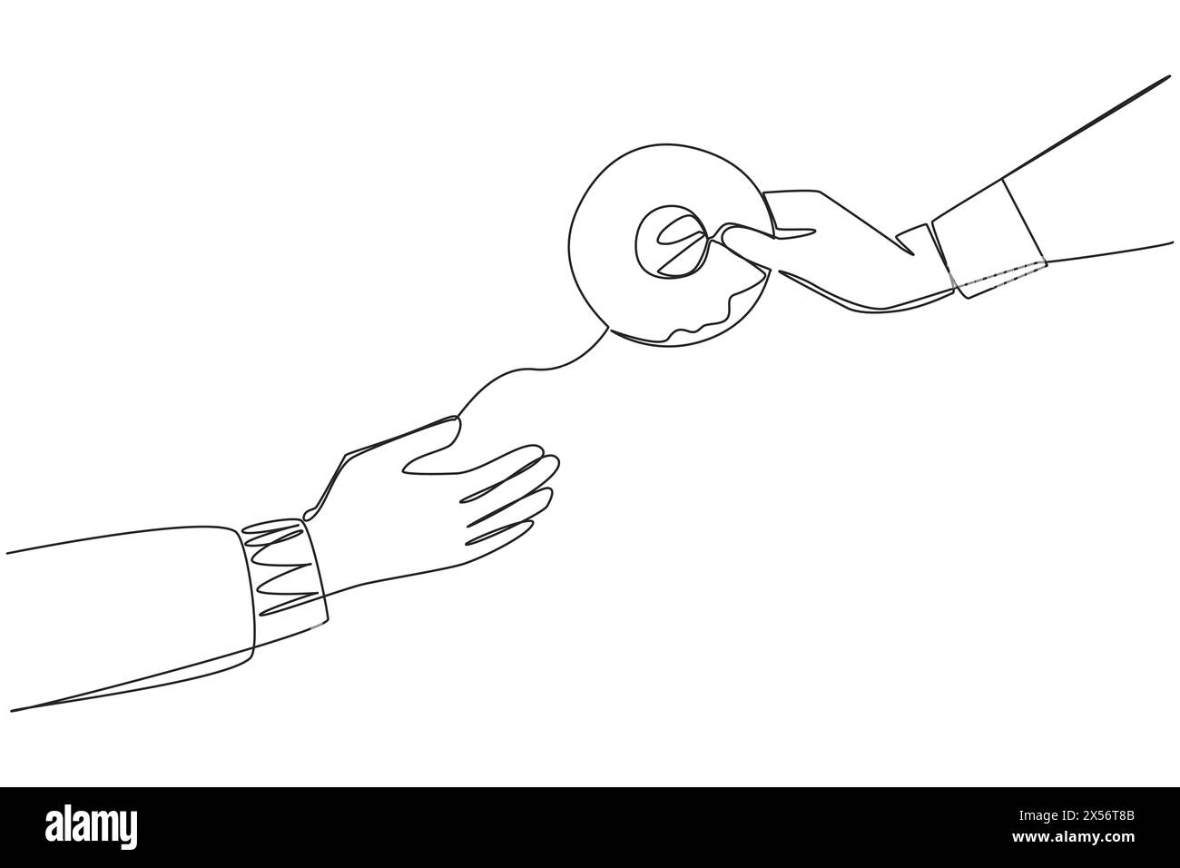 Single one line drawing hand giving donut. Provides soft donut snacks ...