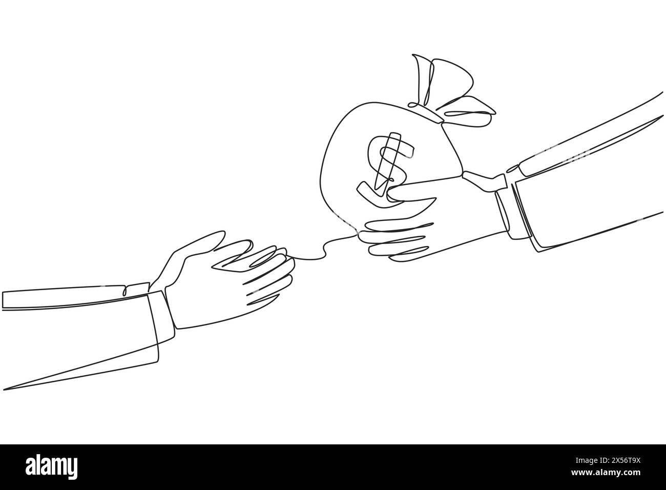 Single one line drawing a hand gives a money bag. The additional ...