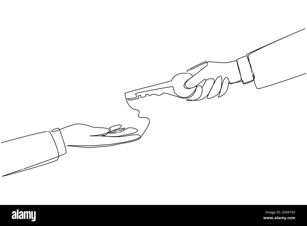 Single continuous line drawing a hand gives a key to a coworker. Full ...