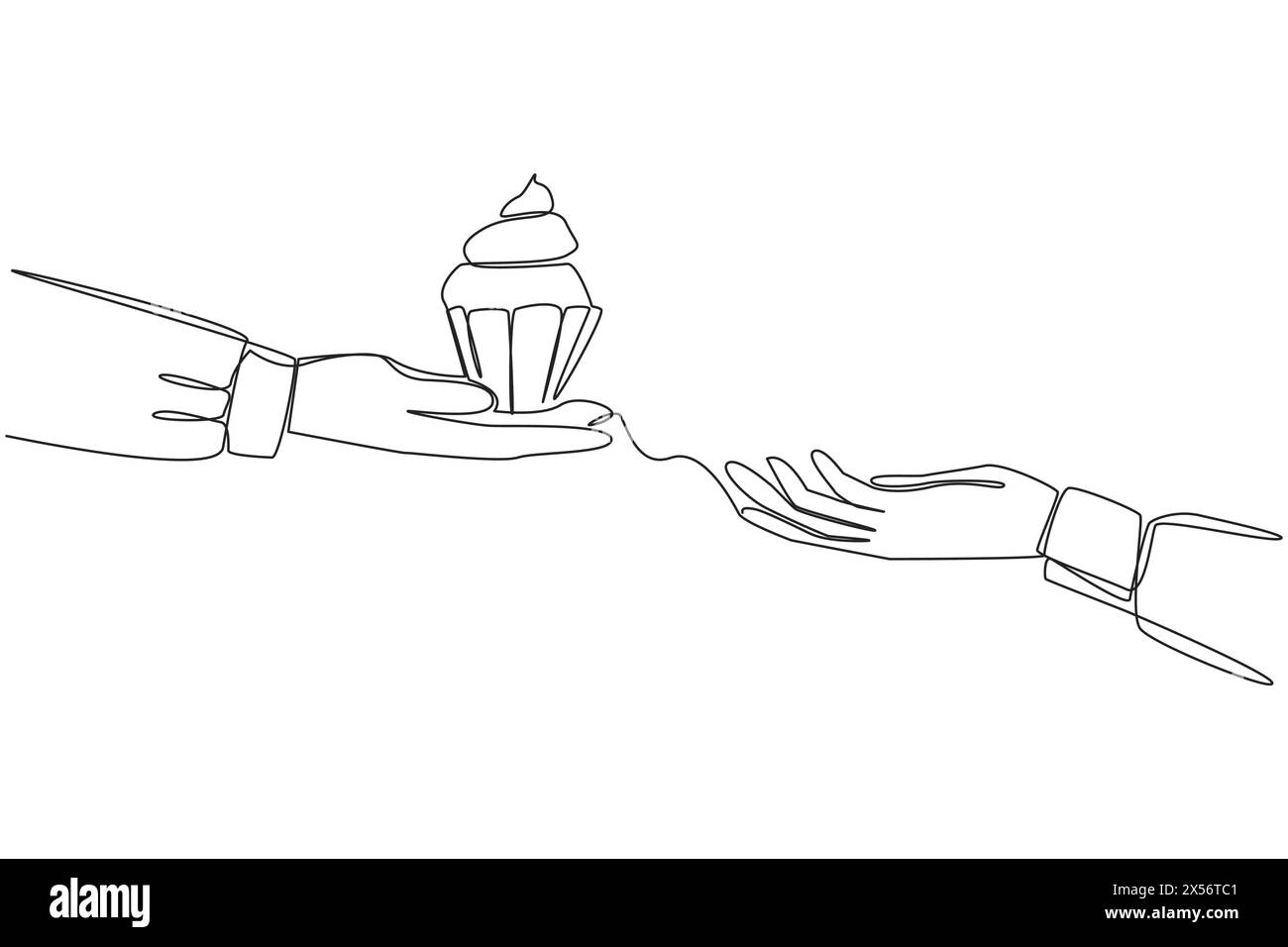 Single continuous line drawing hand giving a cupcake. Has a light ...