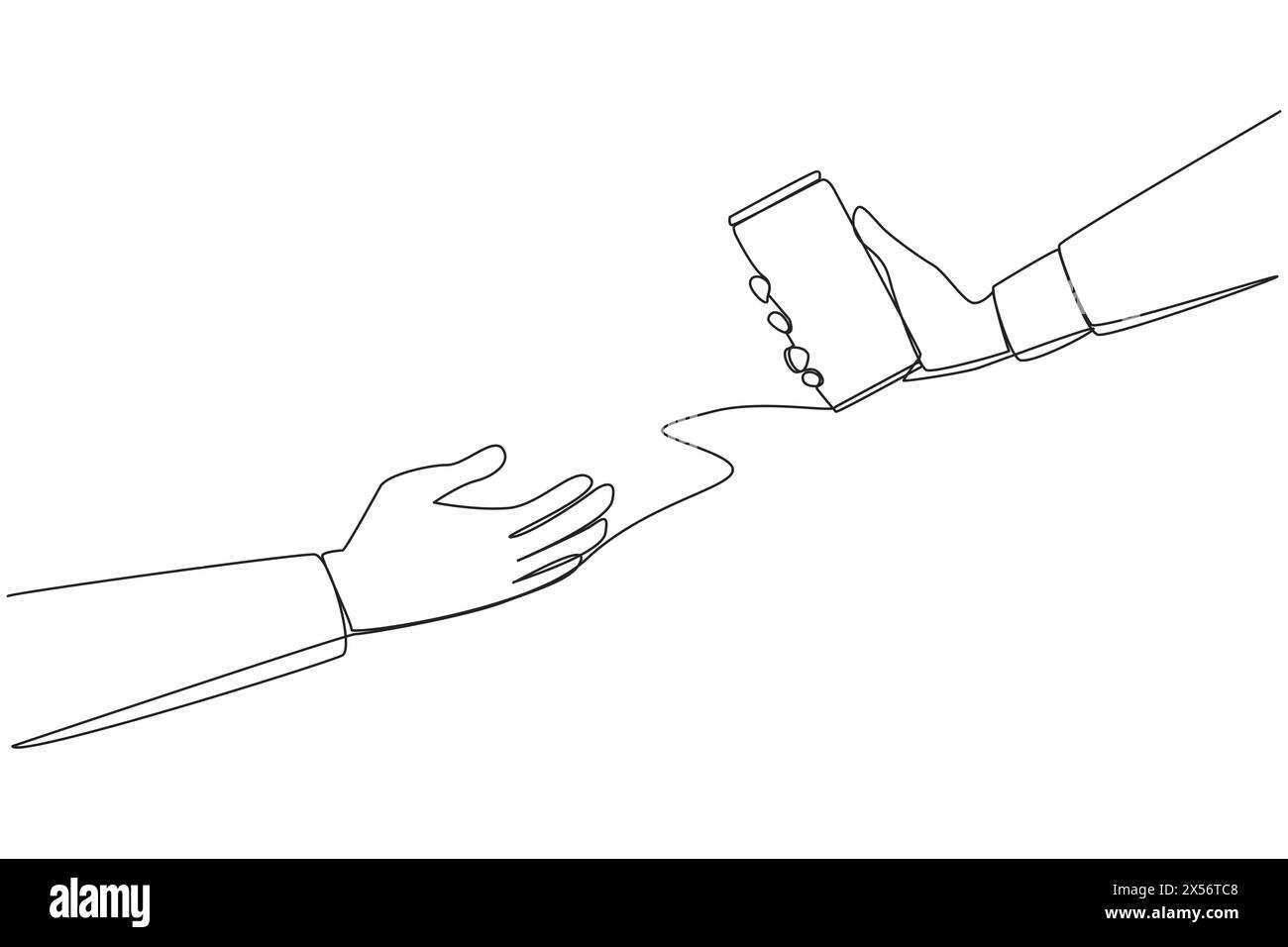 Single continuous line drawing hand giving canned drink. Soft drinks ...