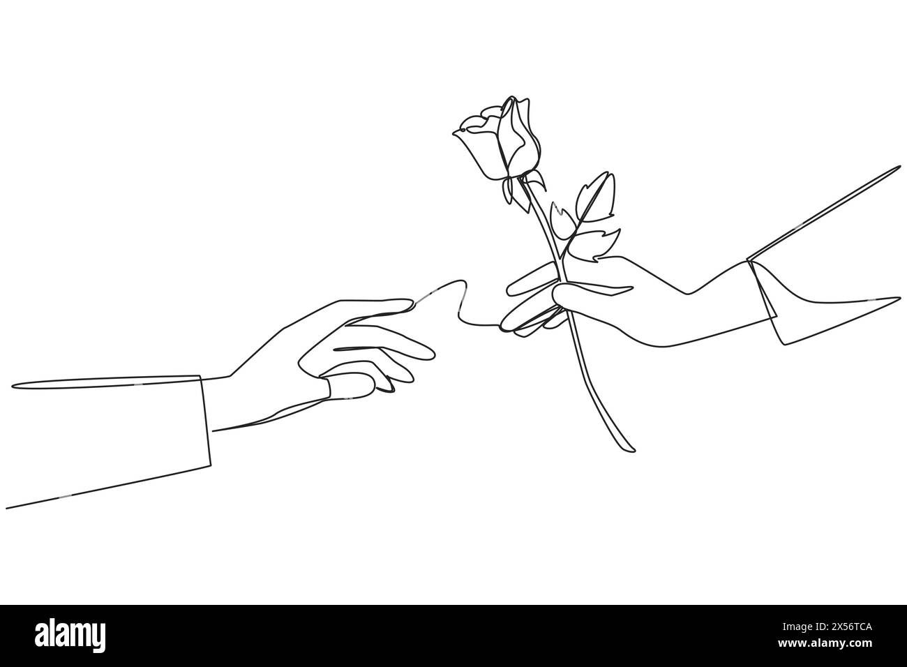 Single continuous line drawing a man's hand gives a rose to a woman ...