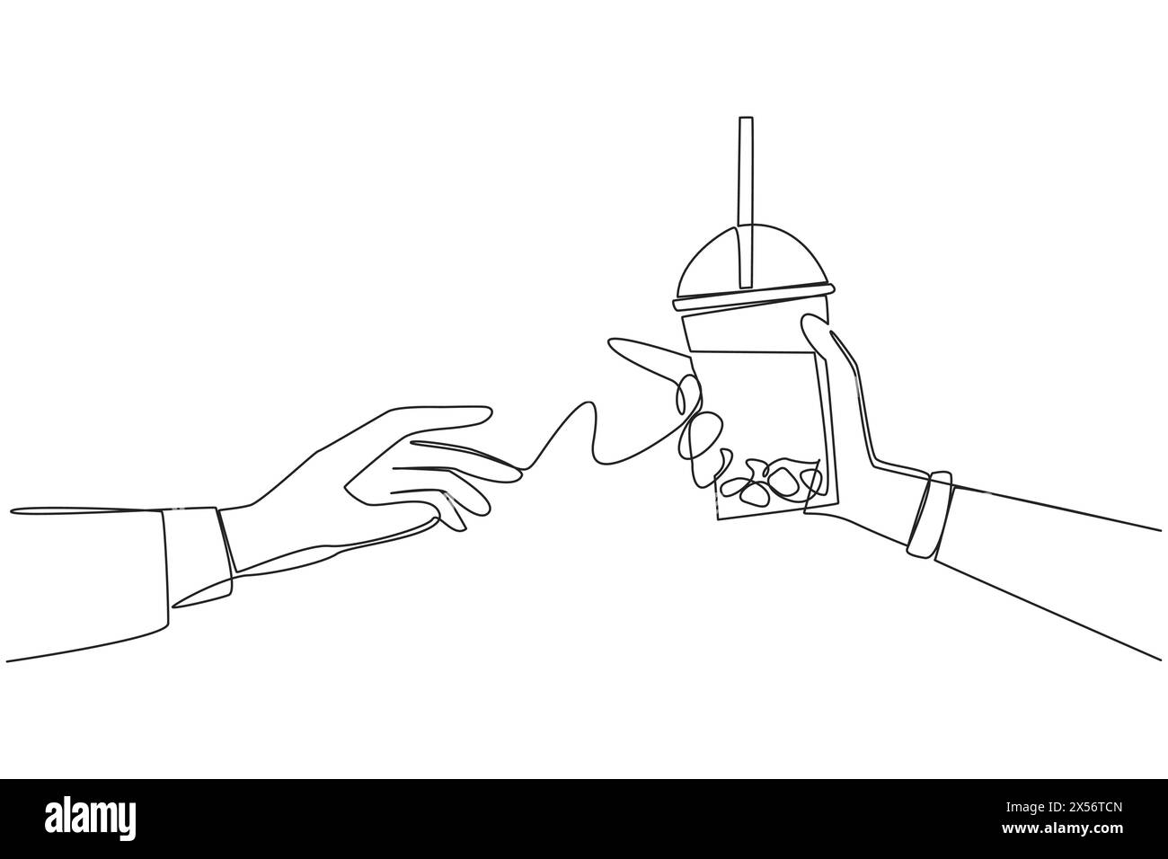 Single one line drawing hand giving boba drink. Refreshing drink that ...