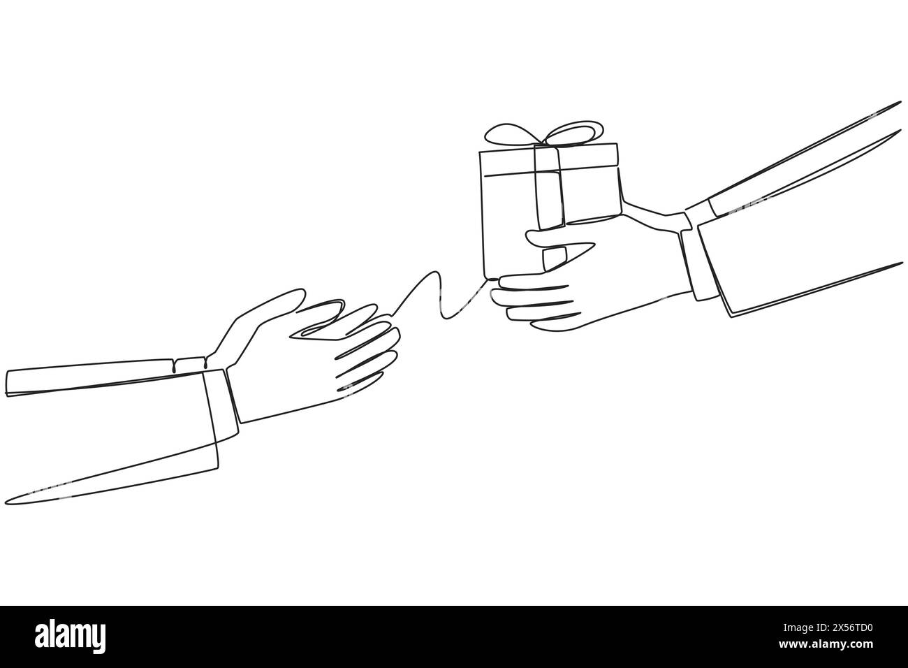 Single one line drawing hand giving gift box. Give appreciation ...