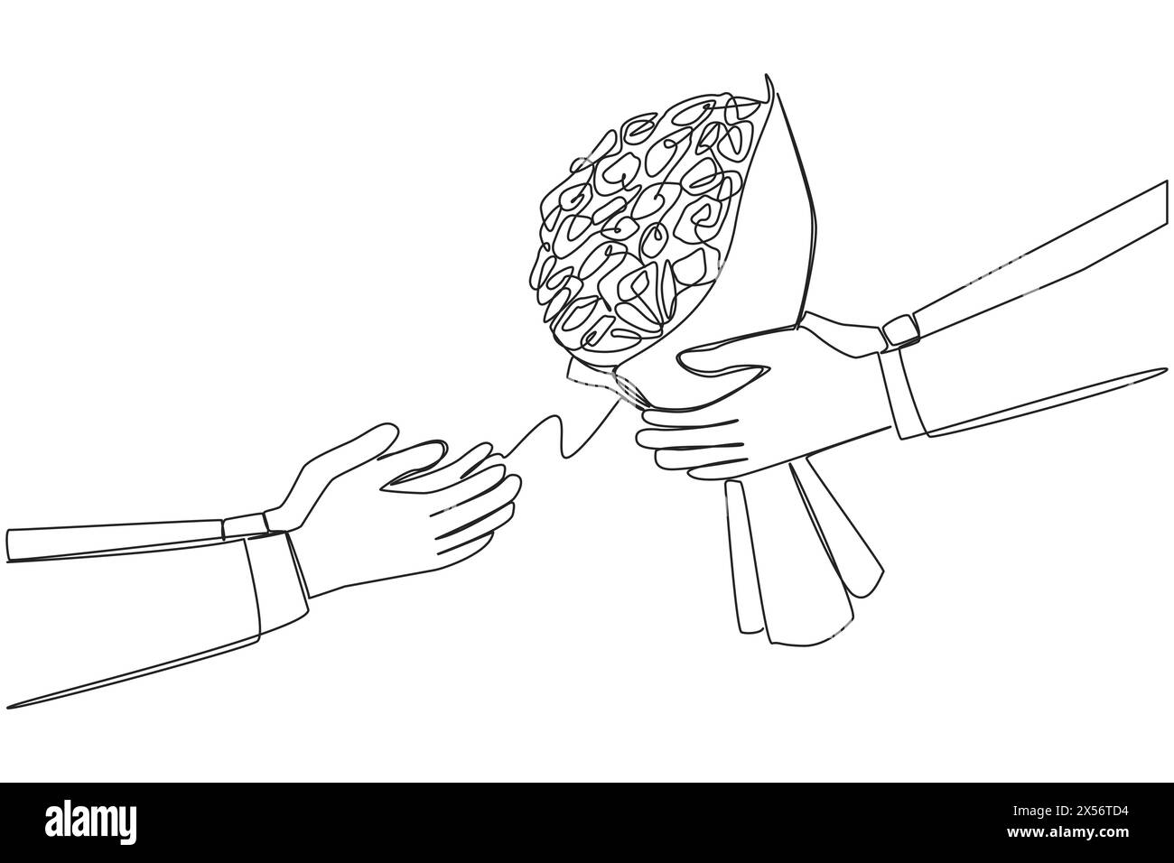 Continuous one line drawing hand giving a bouquet of roses. Love sign ...