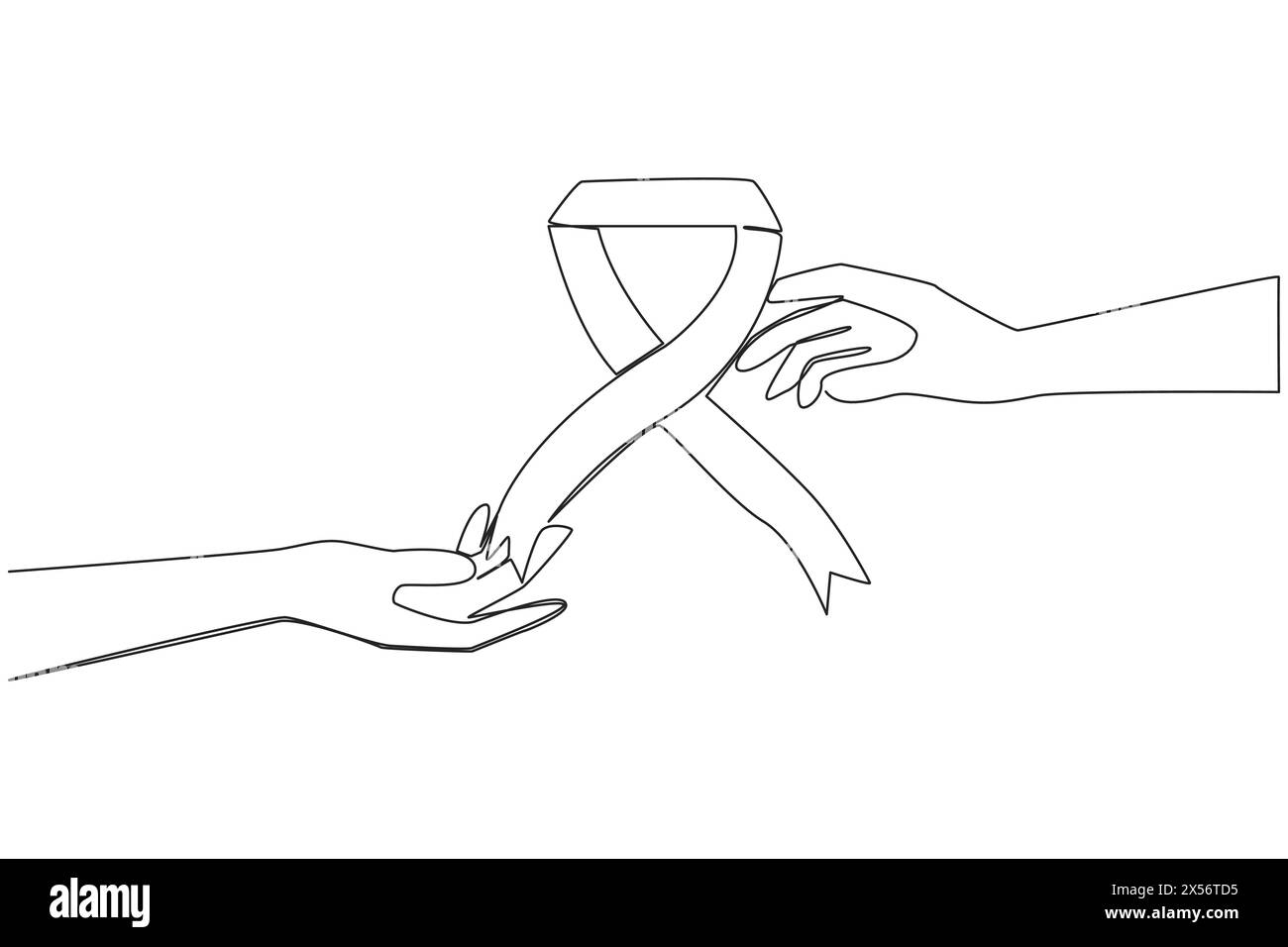Single one line drawing hand giving ribbon sign. Charity activity ...