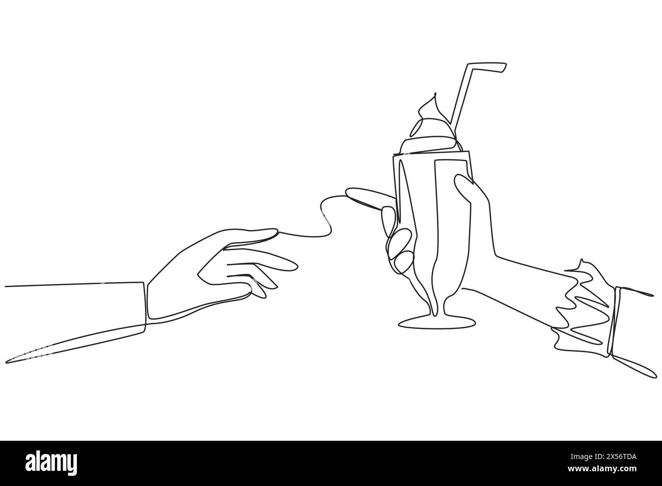 Single one line drawing hand giving milkshake. Cold drink made from ...